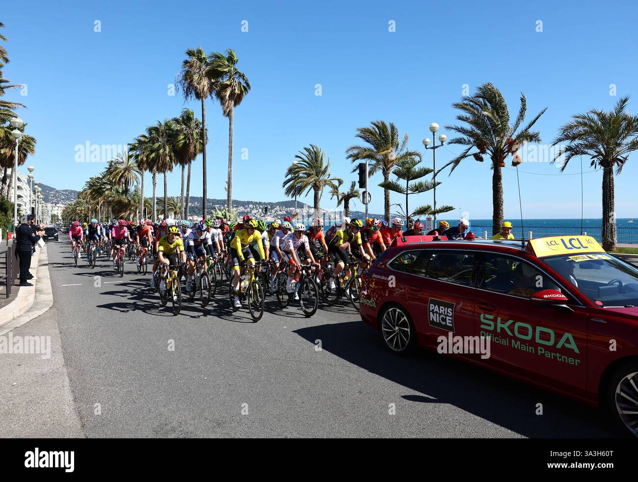 Nice, France. 16th Mar, 2025. The pack of riders pictured at the start ...