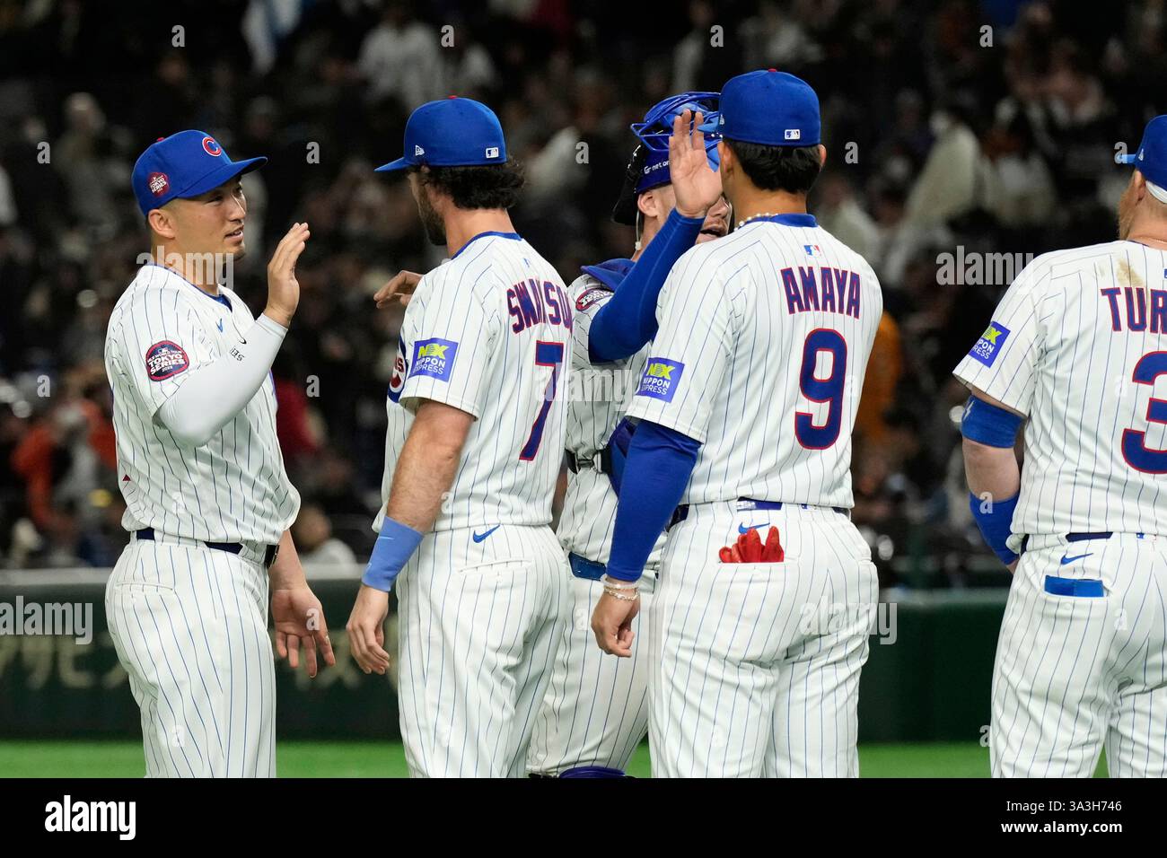 Chicago Cubs' Seiya Suzuki, left, celebrates with Dansby Swanson (7 ...