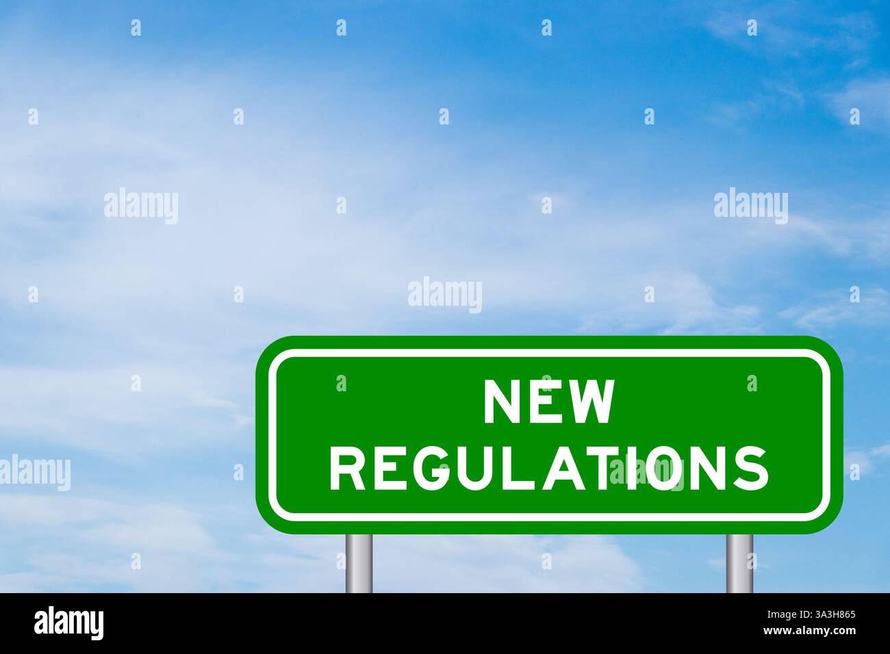 Green color transportation sign with word new regulations on blue sky ...