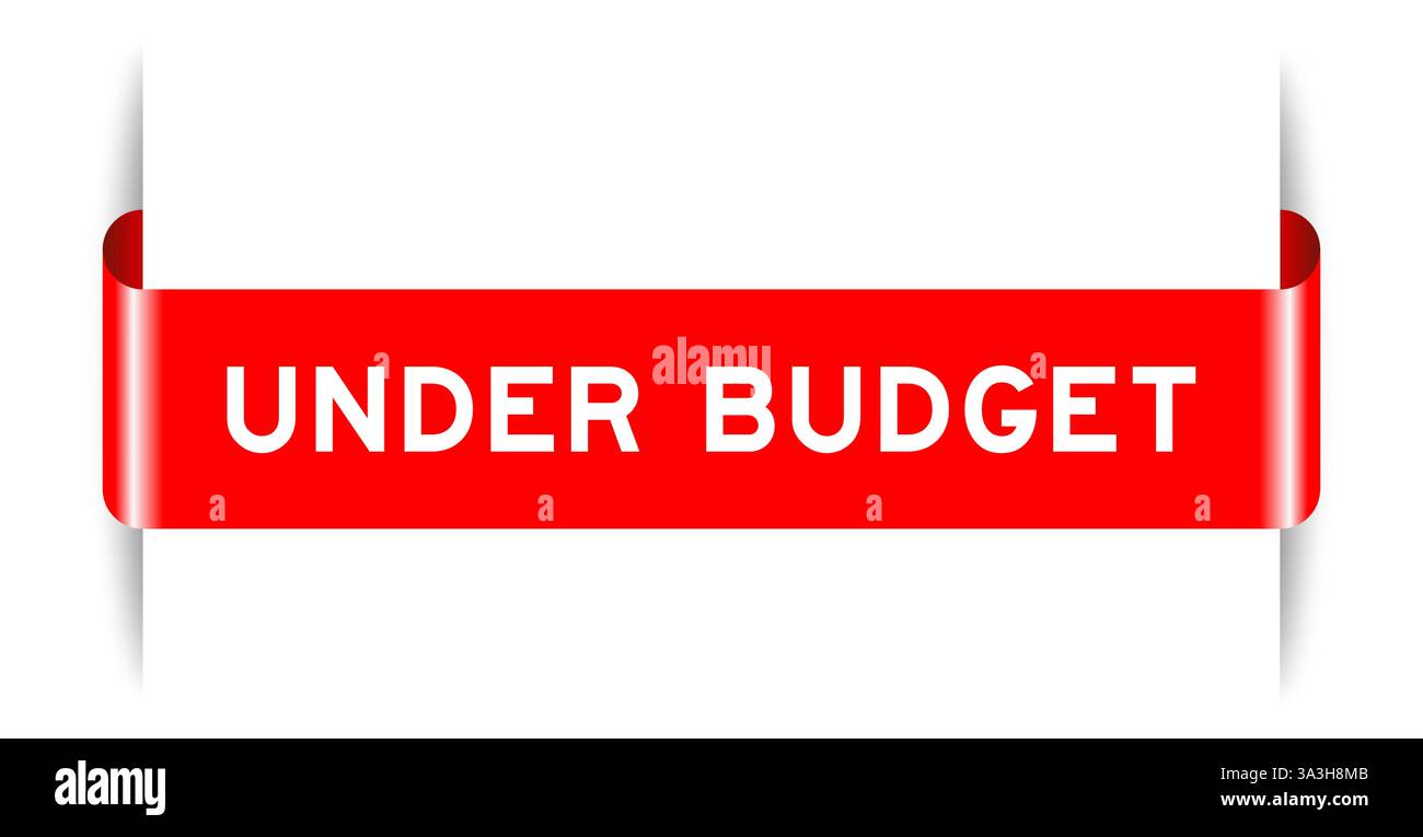 Red color inserted label banner with word under budget on white ...