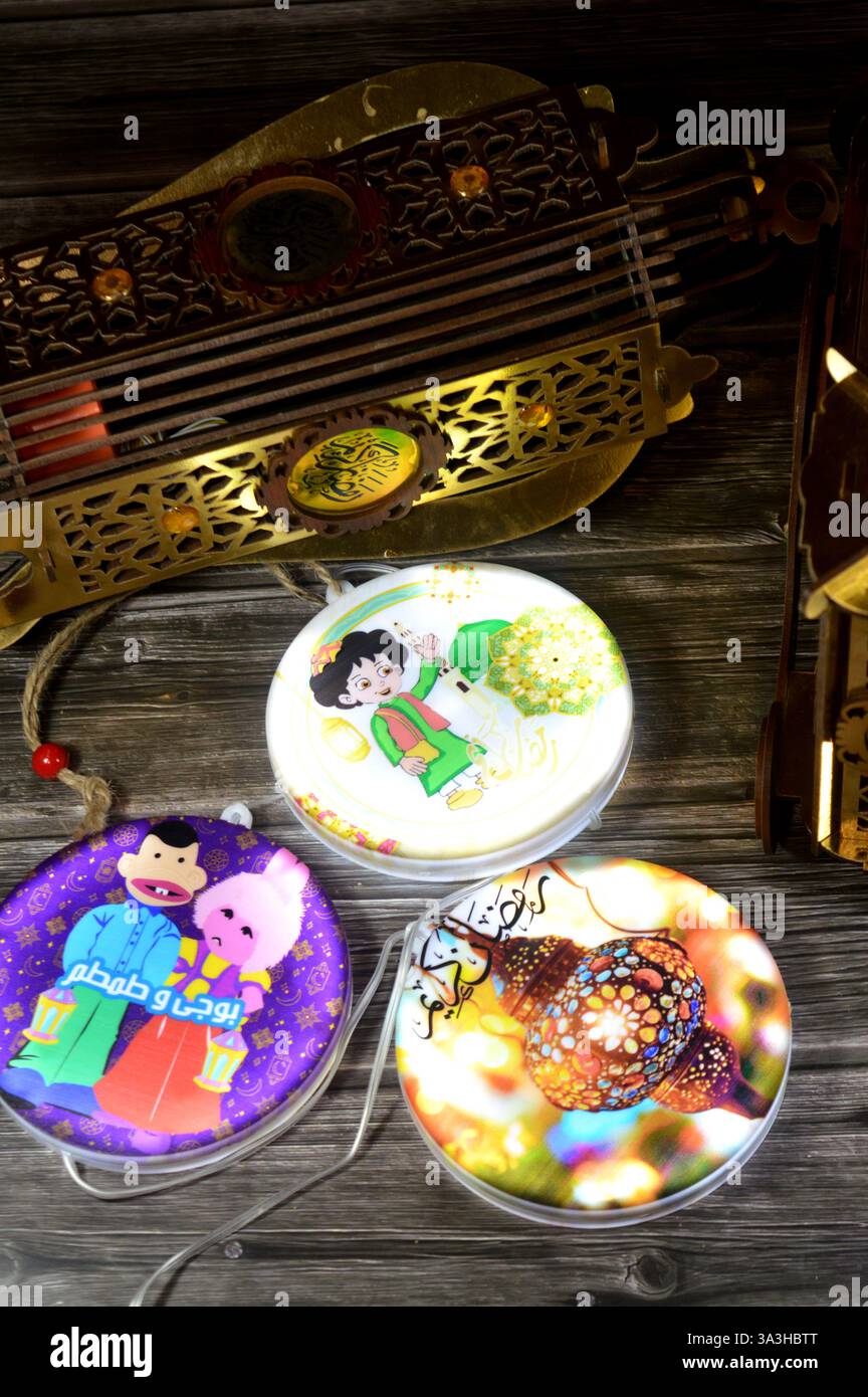 Cairo, Egypt, February 14 2025: White LED lights Festive decorations ...