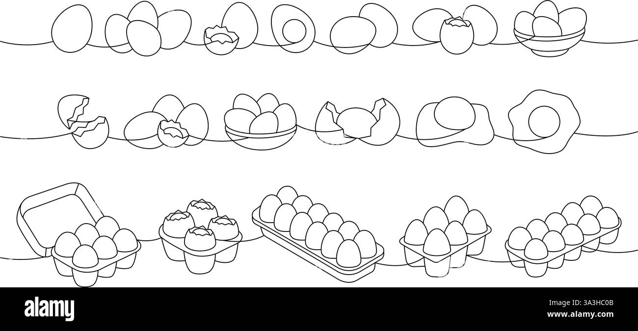 Fresh eggs set one line continuous drawing. Boiled eggs, broken eggshell, omelette, protein and ...