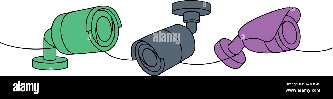 CCTV cameras one line colored continuous drawing. Outdoor security ...