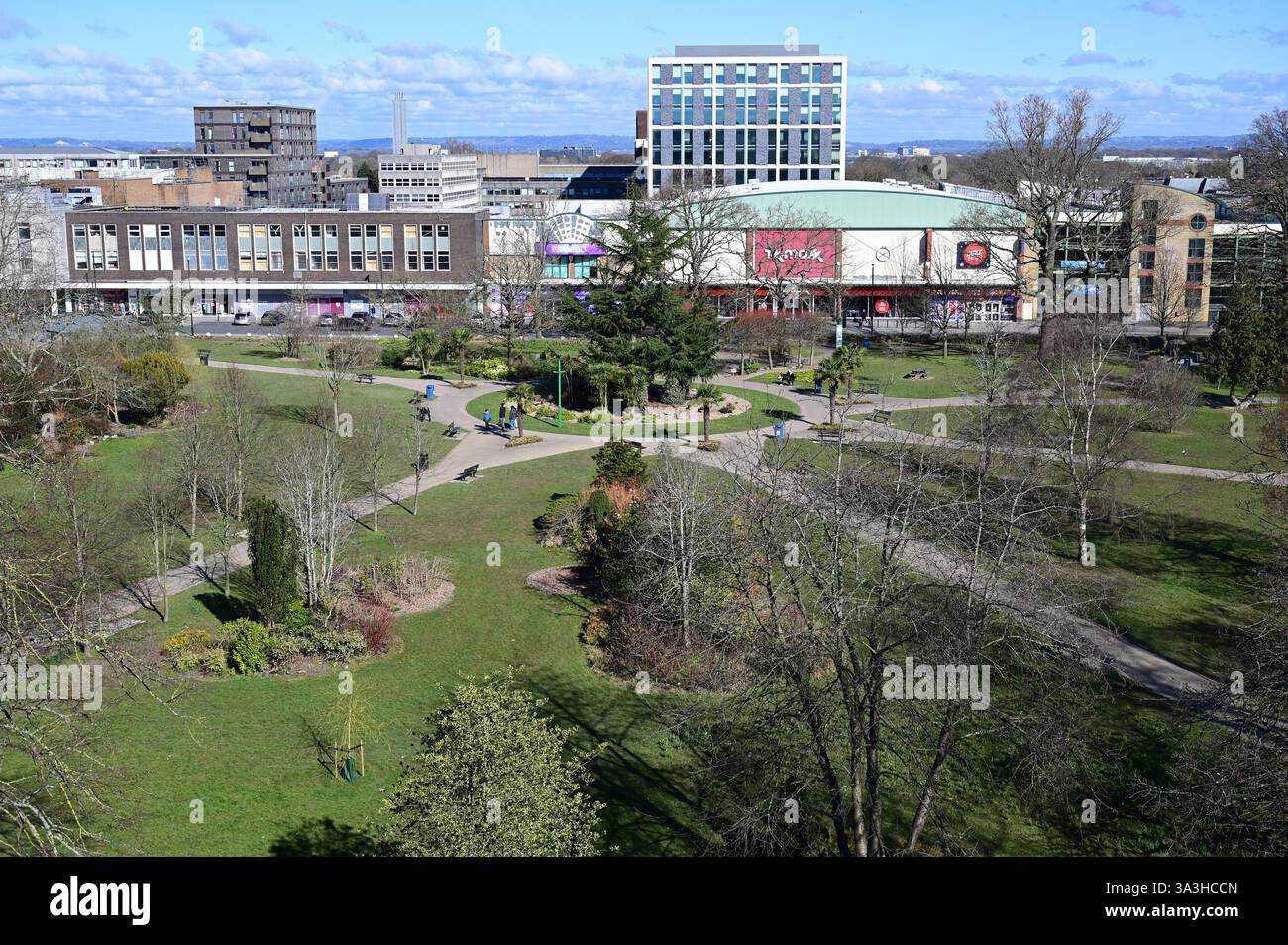 Looking down at the park in the center of the town of Crawley, West ...