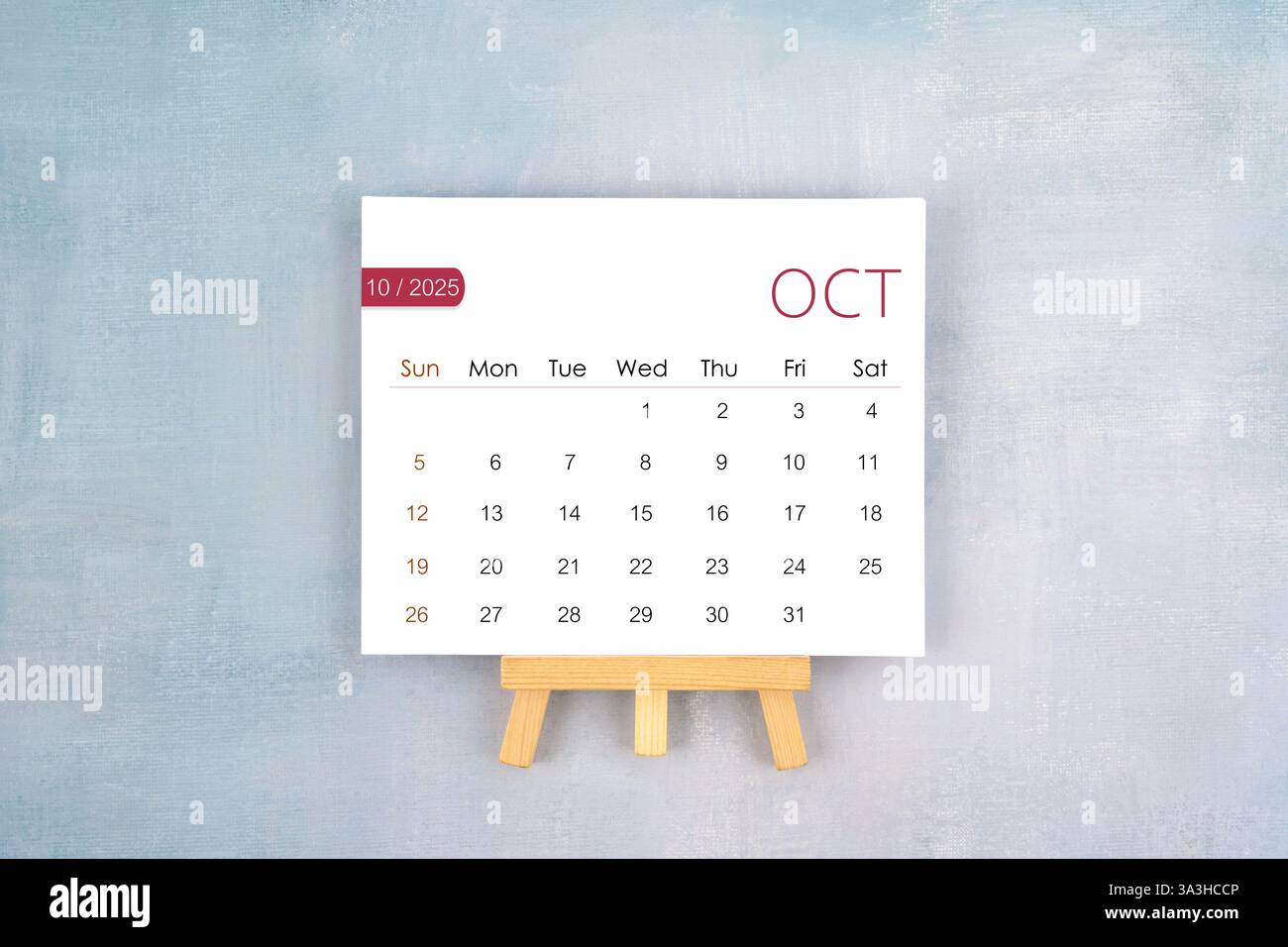 October 2025 calendar page with wooden easel, Flat lay Stock Photo - Alamy