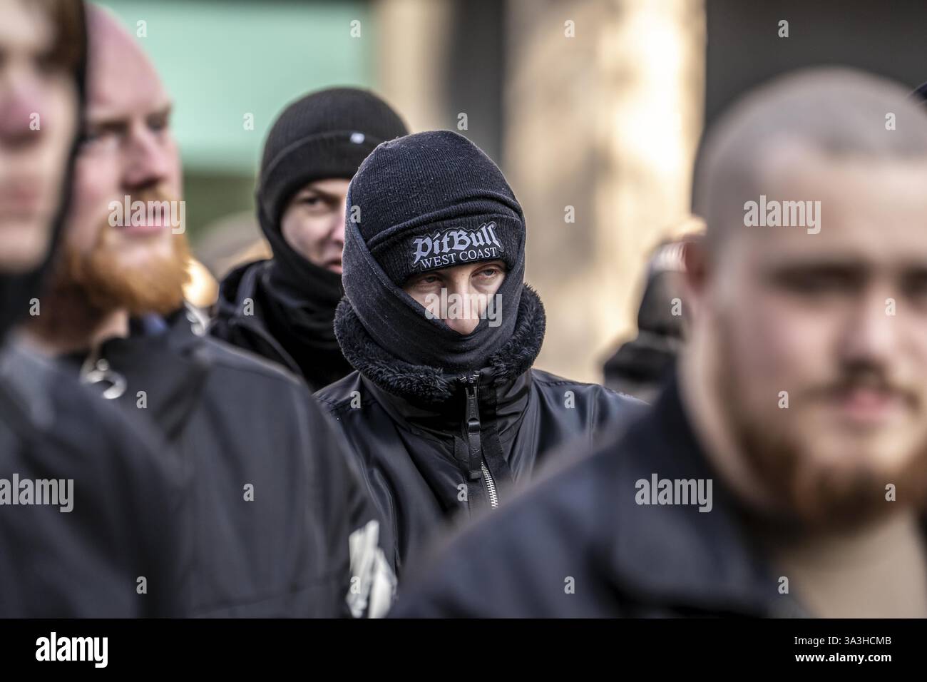 The neo-Nazi group Jung und Stark, JS, demonstrates in the city centre ...