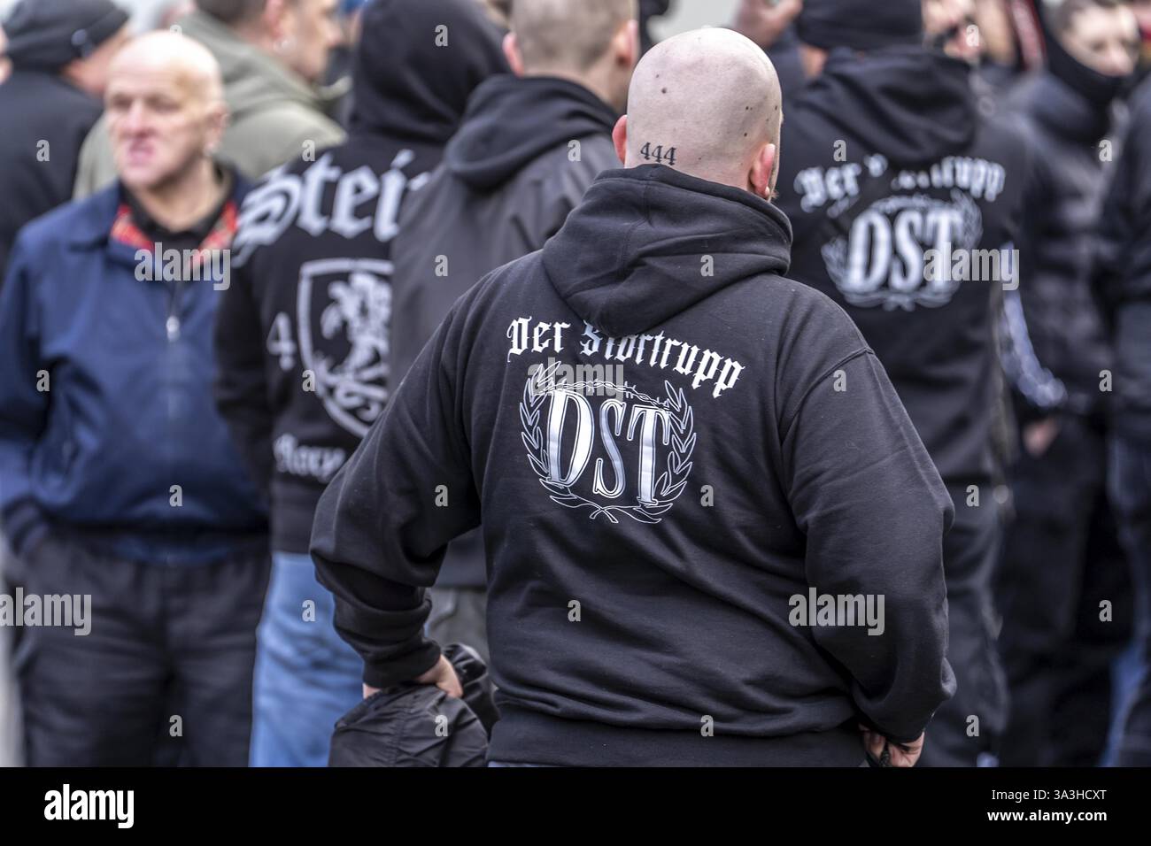 The neo-Nazi group Jung und Stark, JS, demonstrates in the city centre ...