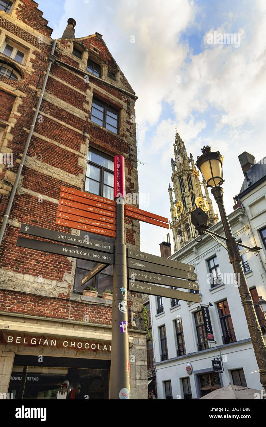 Signpost in the historic city centre, Antwerp, Flanders, Belgium ...