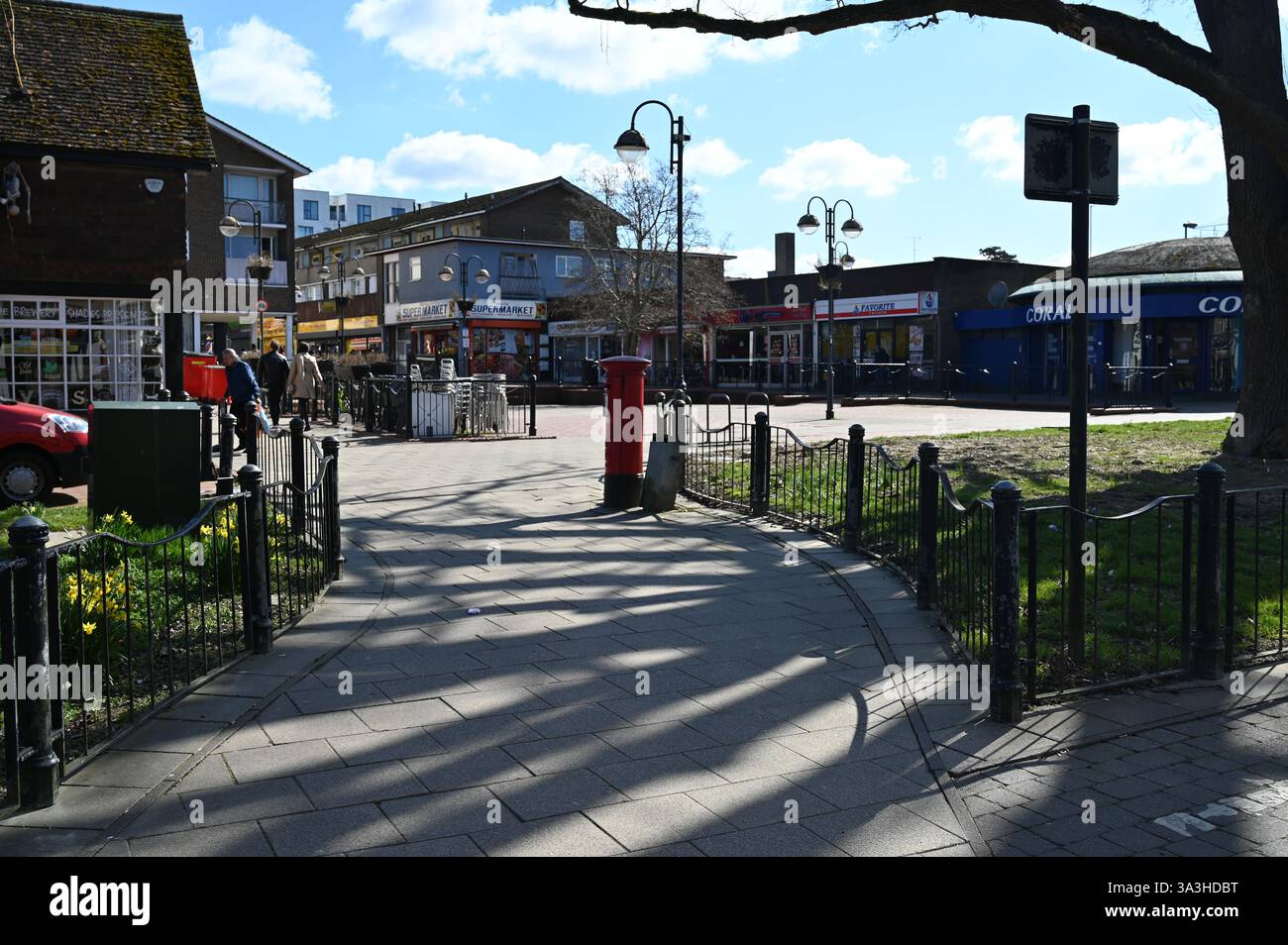 Shops in the town of Crawley, West Sussex on a Sunday Morning. March ...