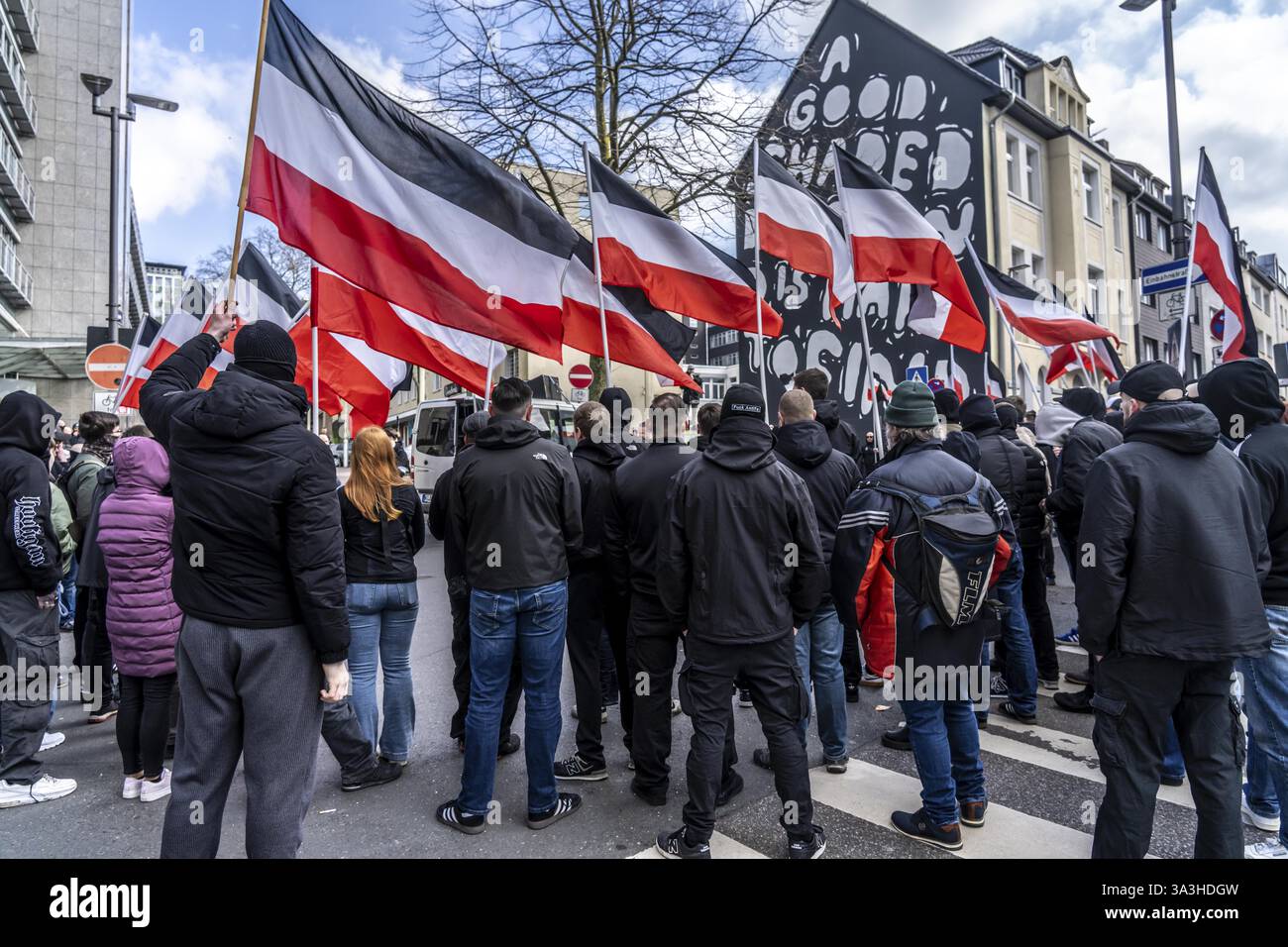 The neo-Nazi group Jung und Stark, JS, demonstrates in the city centre ...