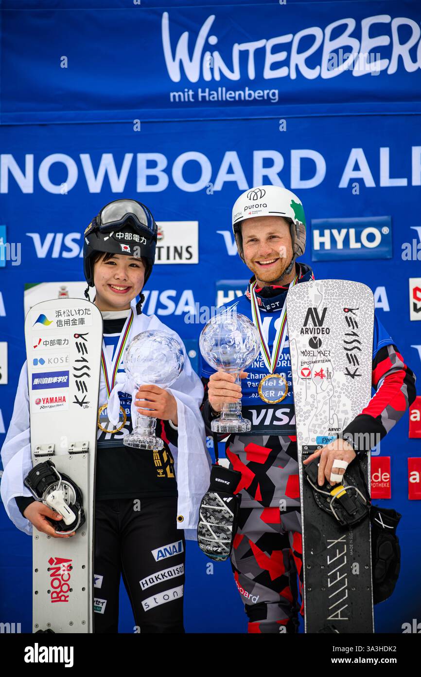 WINTERBERG, GERMANY - 15 MARCH, 2025: MIKI Tsubaki, JPN, AUNER Arvid, AUT - VISA FIS Snowboard ...