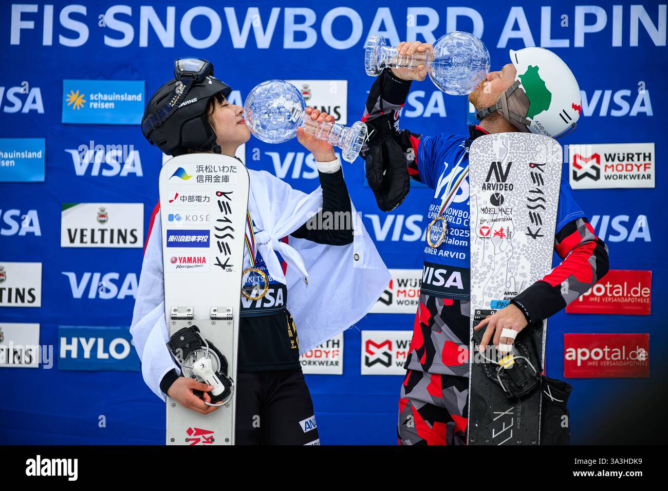 WINTERBERG, GERMANY - 15 MARCH, 2025: MIKI Tsubaki, JPN, AUNER Arvid, AUT - VISA FIS Snowboard ...