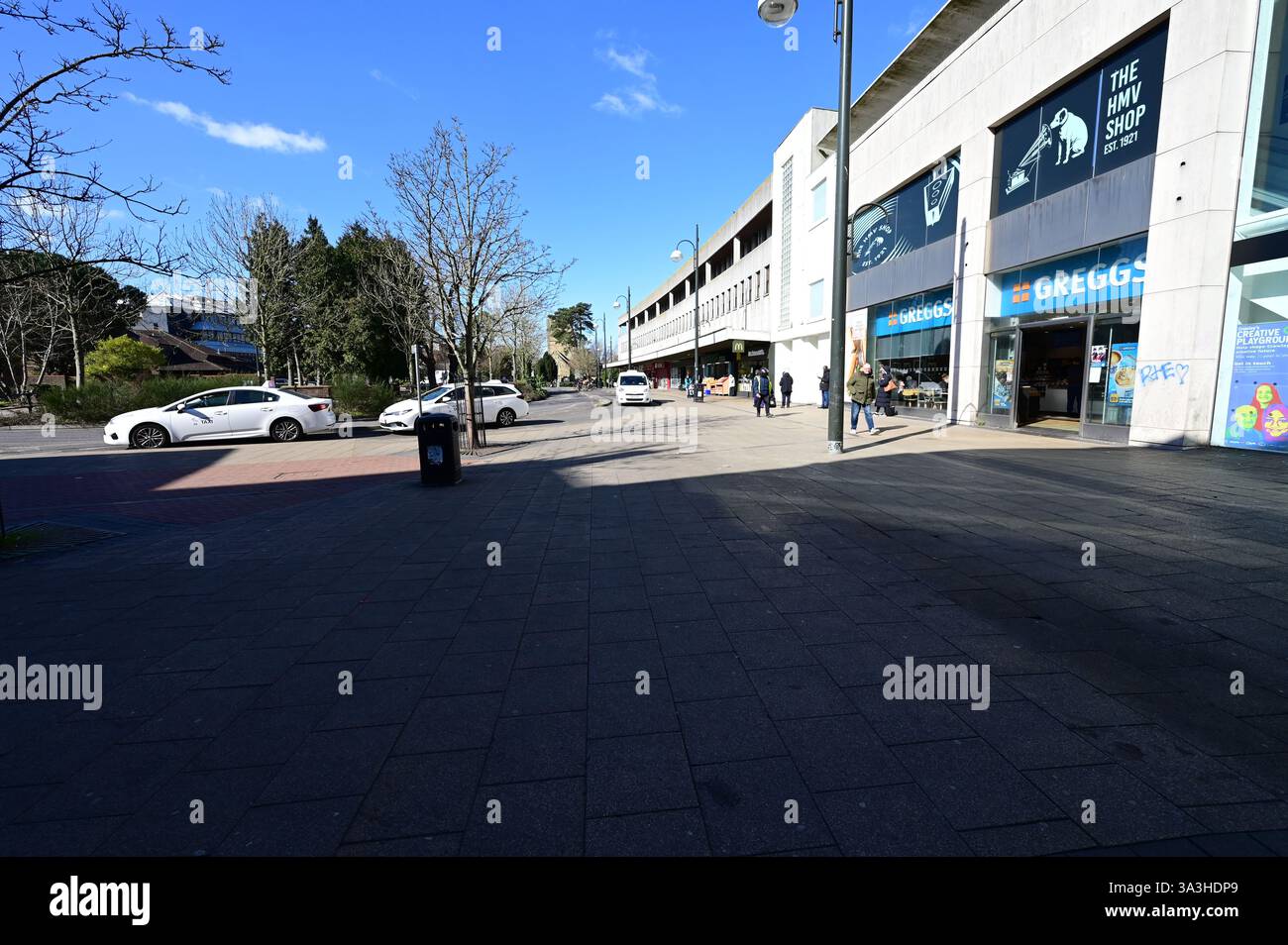 Shops in the town of Crawley, West Sussex on a Sunday Morning. March ...