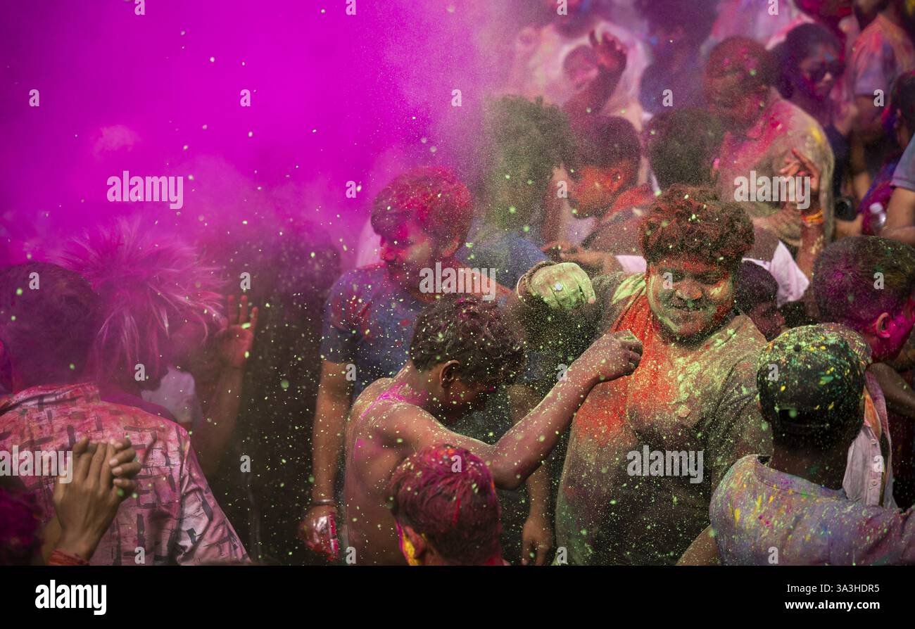 Revellers smear with Gulal or coloured powder and dance to play Holi ...