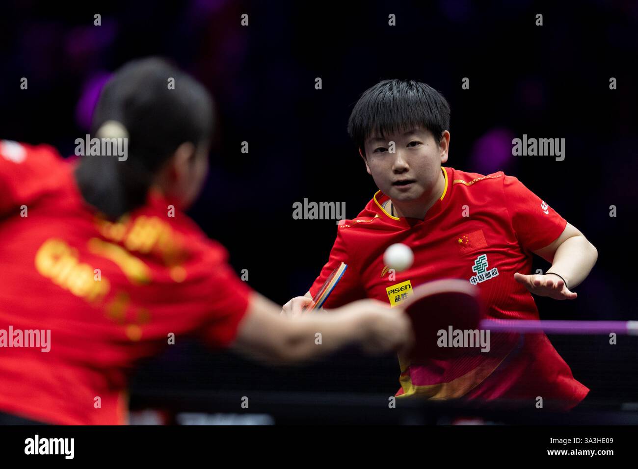 (250316) -- CHONGQING, March 16, 2025 (Xinhua) -- Sun Yingsha hits a ...