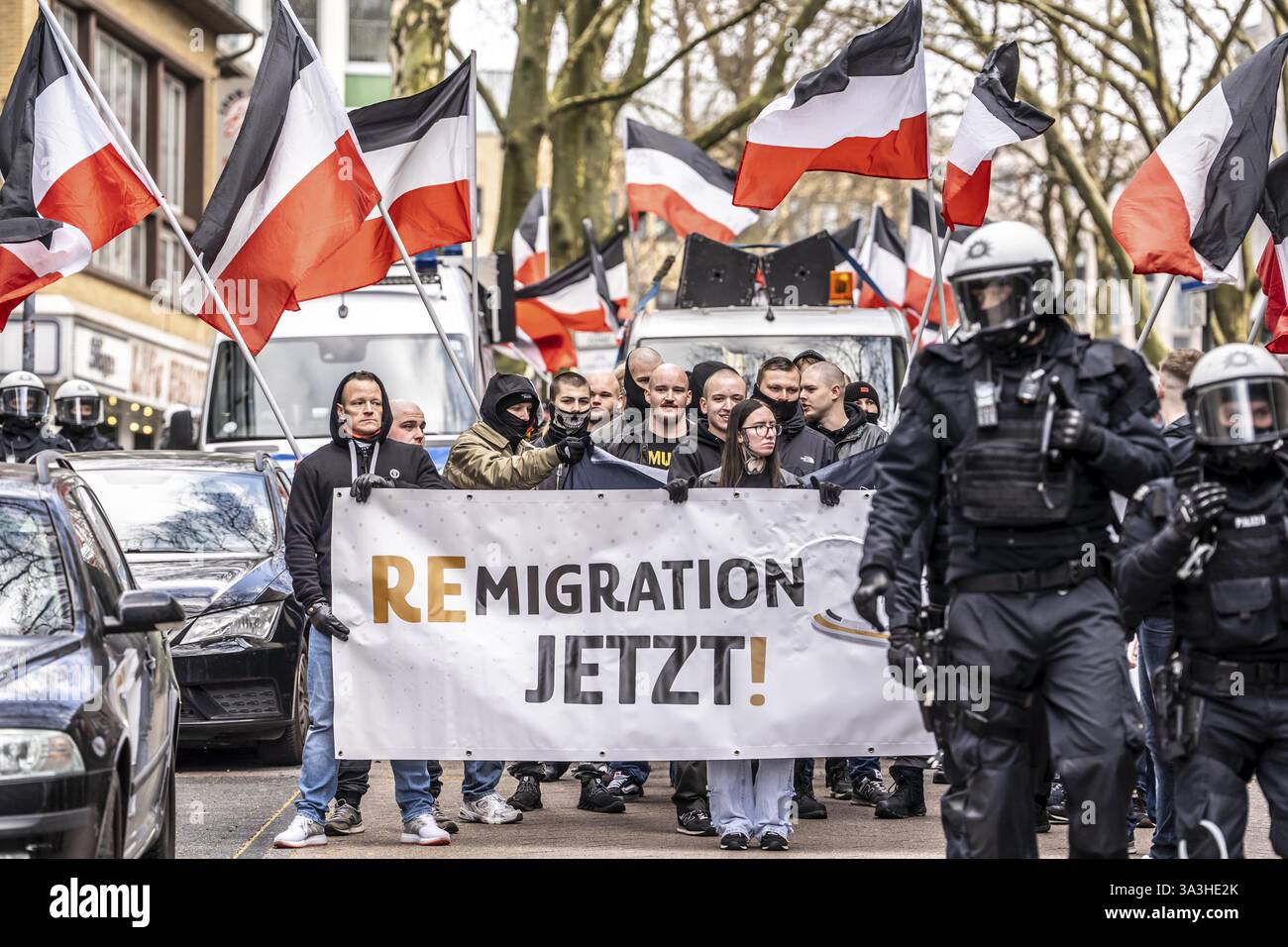 The neo-Nazi group Jung und Stark, JS, demonstrates in the city centre ...