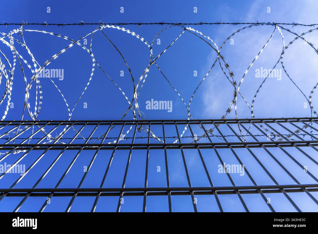 Symbolic image security, S-wire rolls, NATO wire, on a fence top ...