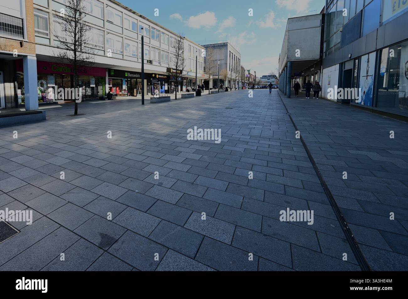 Shops in the town of Crawley, West Sussex on a Sunday Morning. March ...