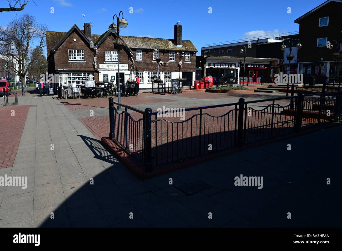 Shops in the town of Crawley, West Sussex on a Sunday Morning. March ...