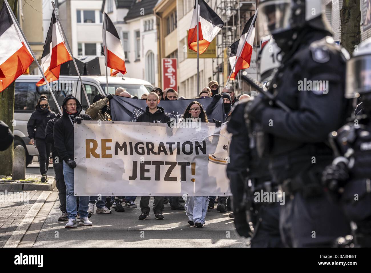 The neo-Nazi group Jung und Stark, JS, demonstrates in the city centre ...