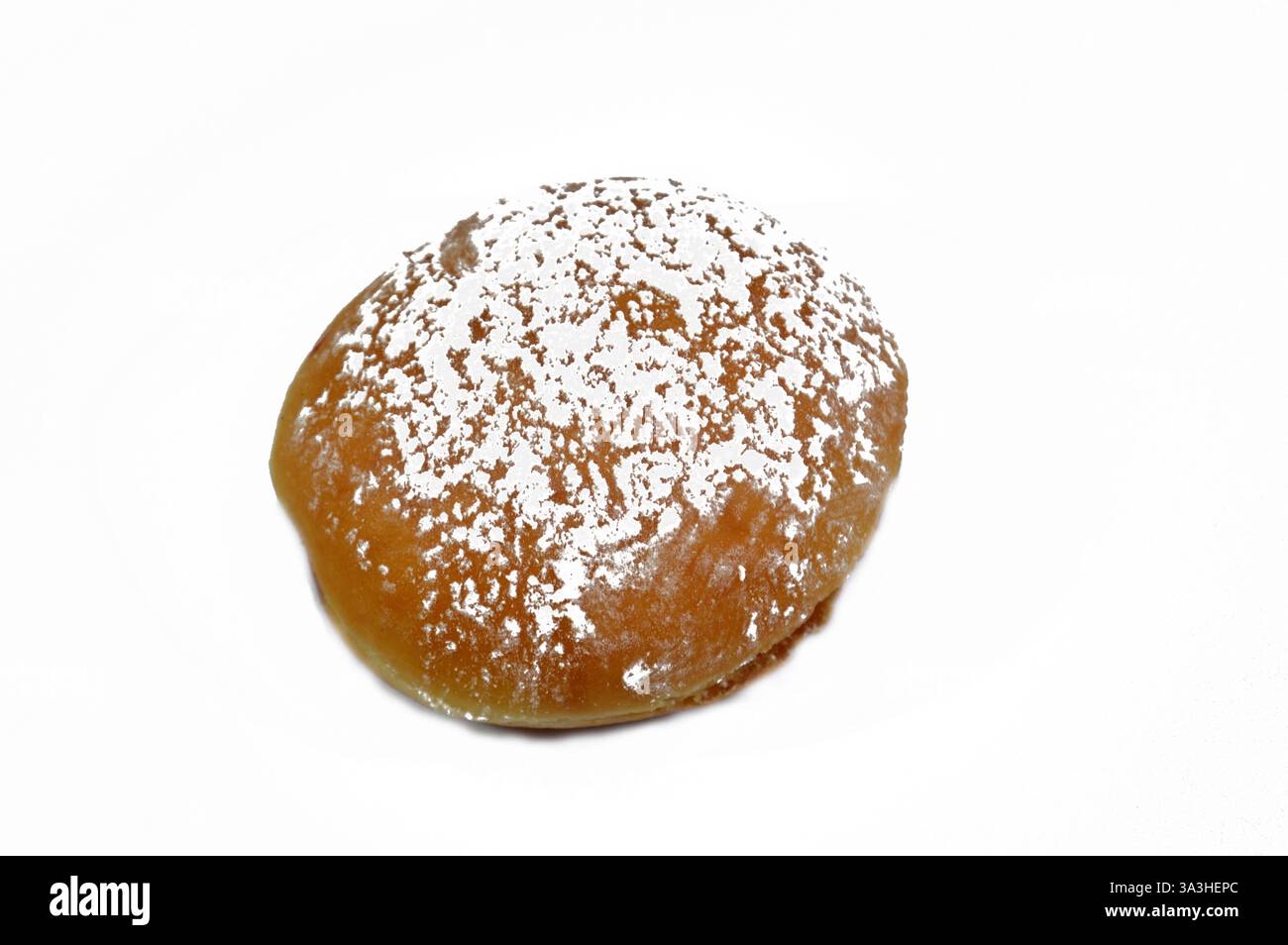 Icing powdered sugar round donut, a glazed, yeast raised, American ...