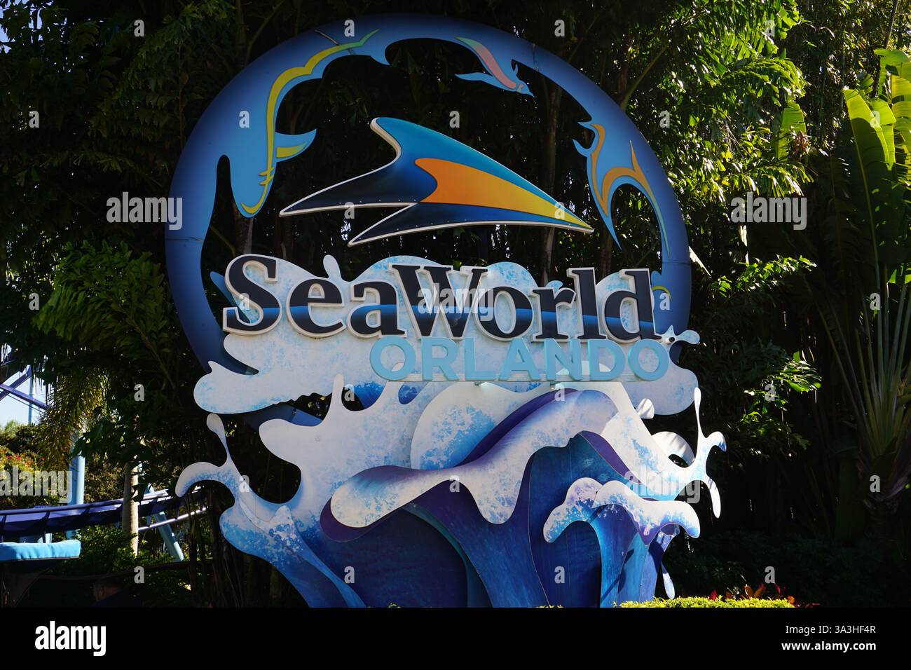 The colorful Sea World Orlando logo sign stands at the entrance of the ...