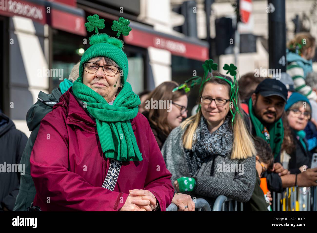 London, UK. 16 March 2025. People watch the annual St Patrick’s Day ...
