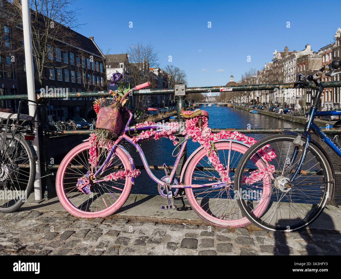Pink bicycle with flowers on a bridge in Amsterdam Stock Photo - Alamy