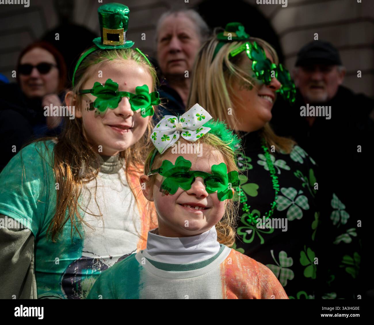 London, UK. 16 March 2025. People watch the annual St Patrick’s Day ...
