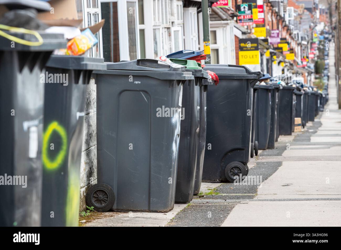 Birmingham, UK. 16th Mar, 2025. Overflowing bins lie uncollected on the streets of Selly Oak in ...
