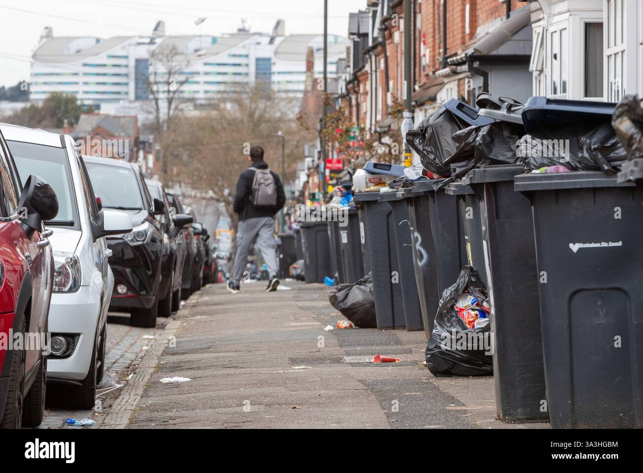 Birmingham, UK. 16th Mar, 2025. Overflowing bins lie uncollected on the streets of Selly Oak in ...
