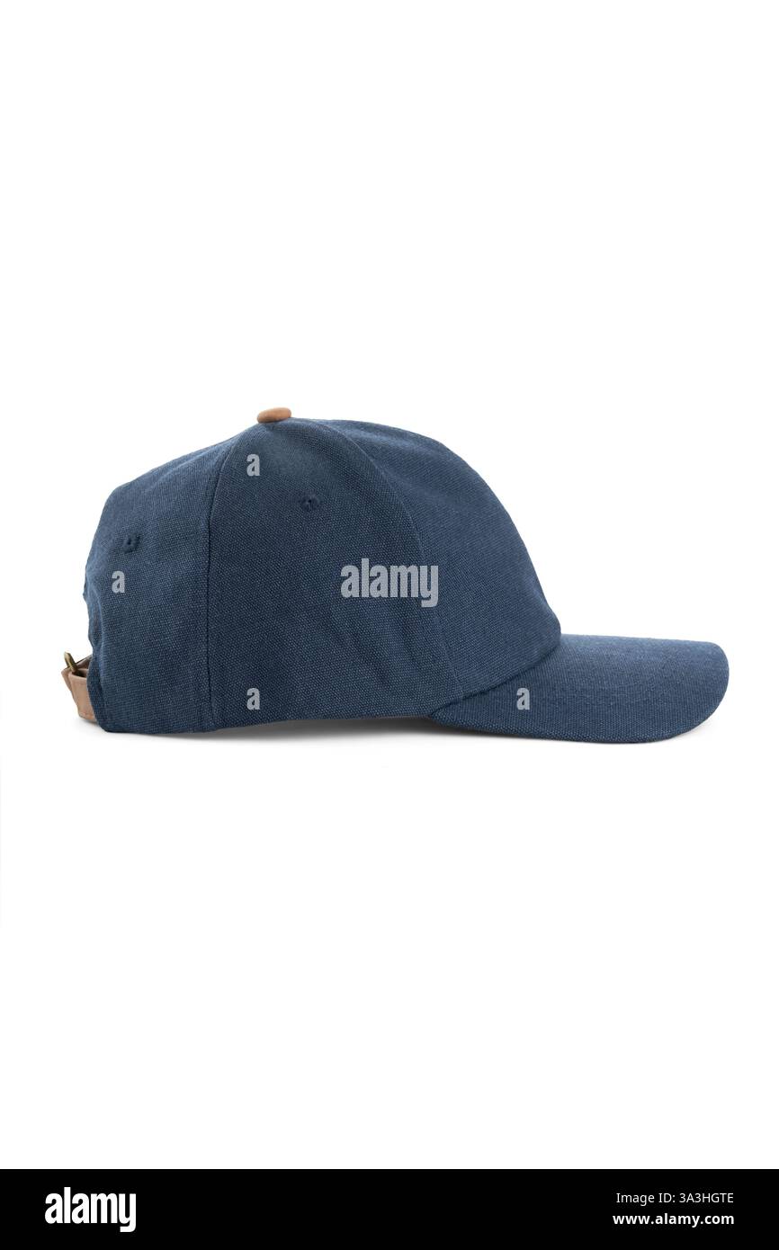 Blue textile baseball cap with brown elements, right side view, on ...