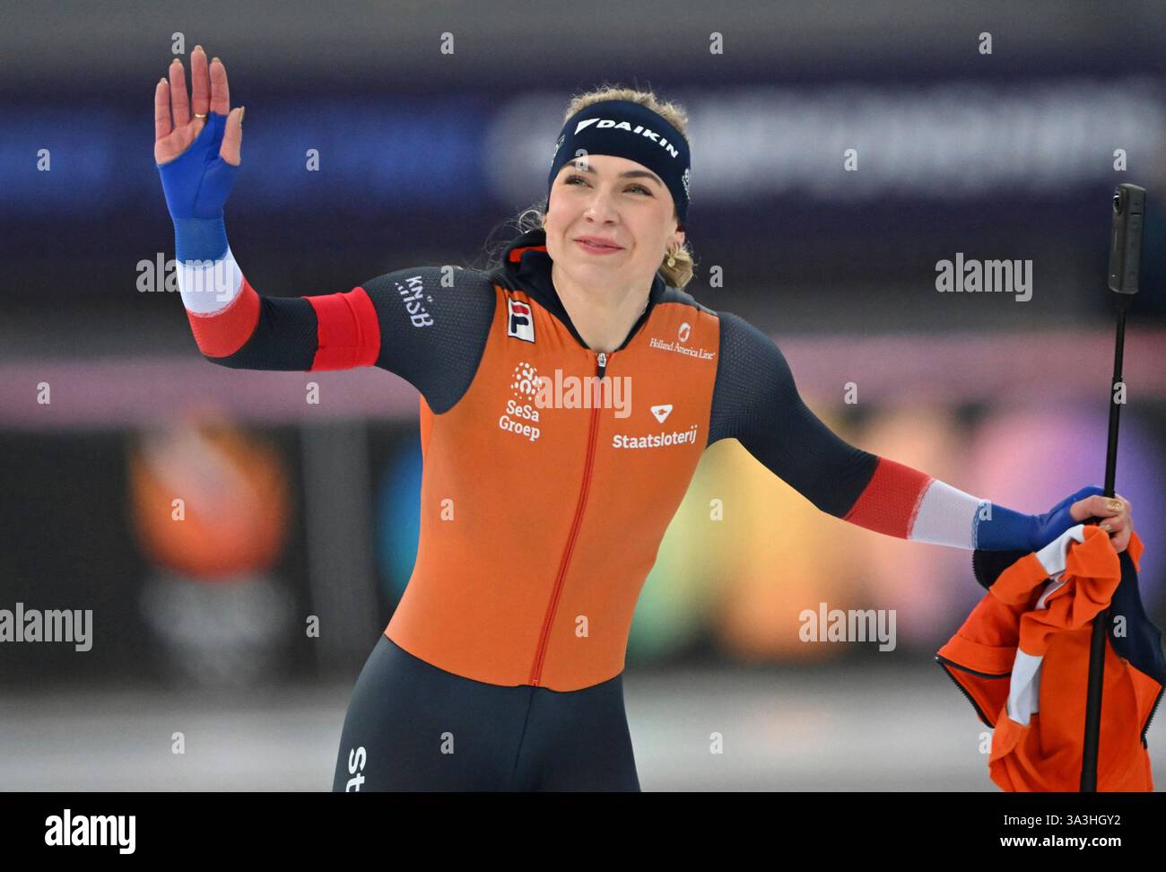 Joy Beune of Netherlands reacts after finishing the race of the women's ...