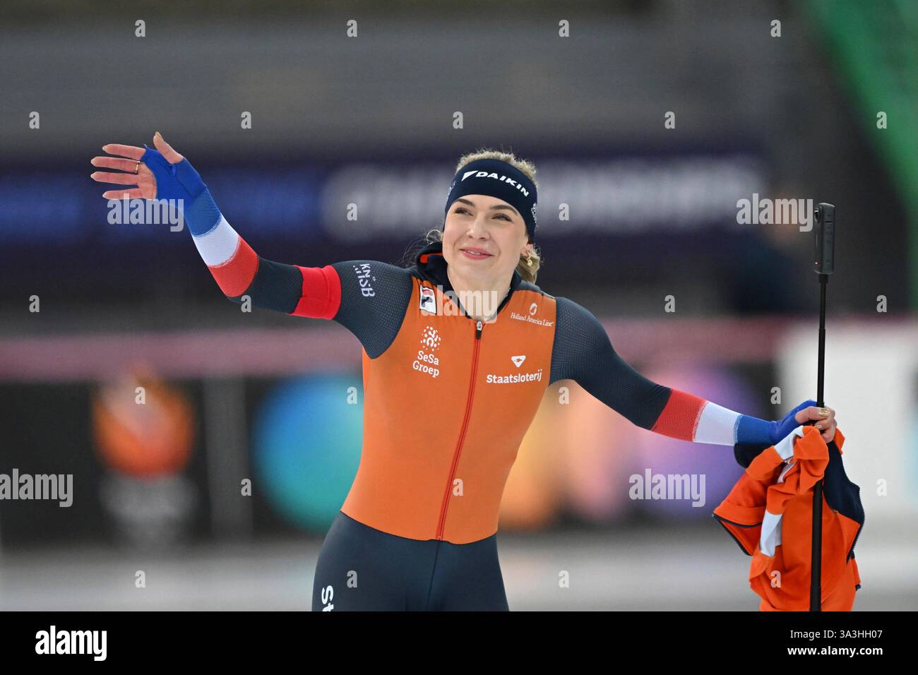 Joy Beune of Netherlands reacts after finishing the race of the women's ...