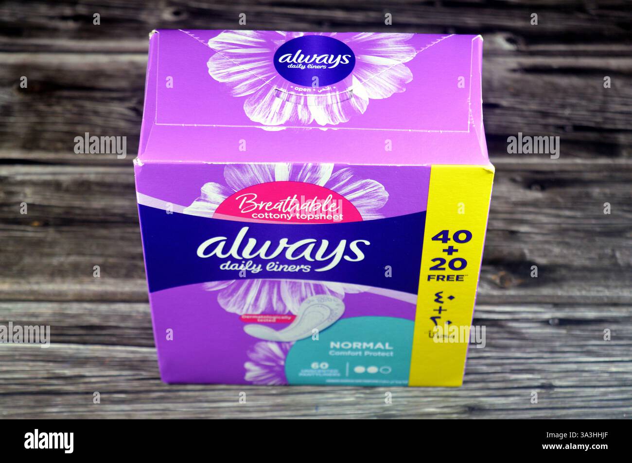 Cairo, Egypt, February 5 2025: Always daily liners, breathable cottony ...