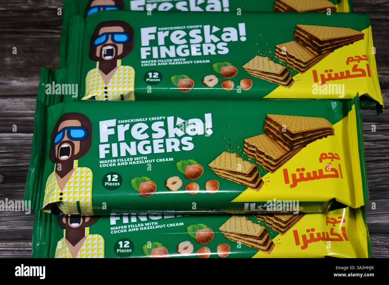 Cairo, Egypt, February 5 2025: shockingly crispy Freska fingers, wafer ...