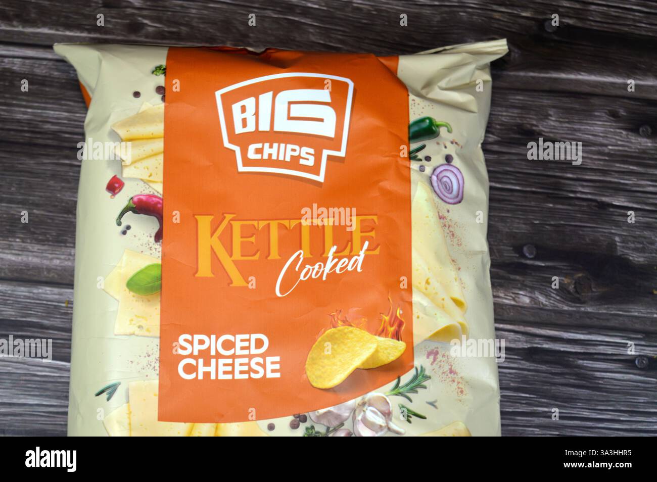 Cairo, Egypt, January 21 2025: Spiced cheese flavor big chips kettle ...