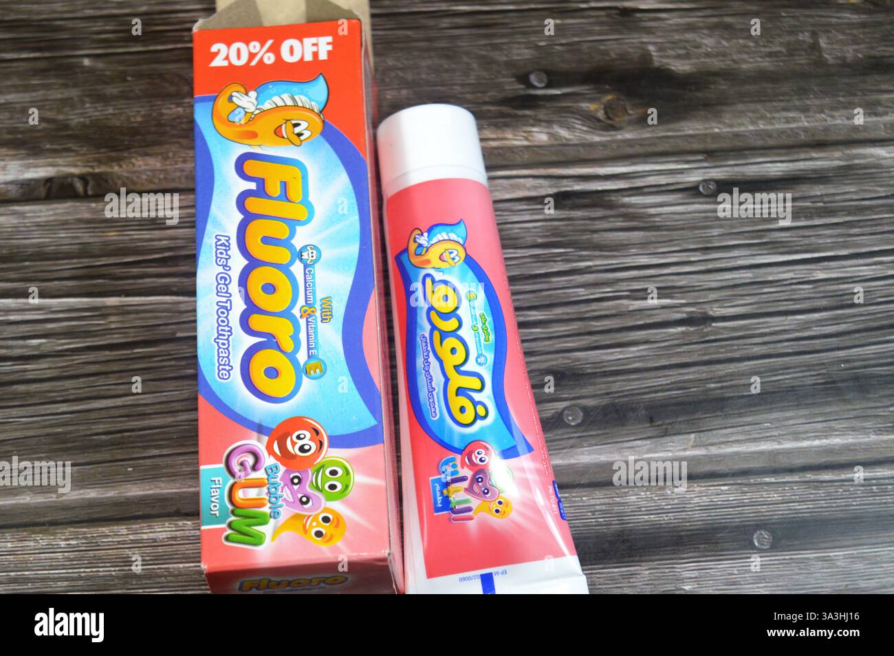 Cairo, Egypt, February 5 2025: Fluoro Kids' gel toothpaste with bubble ...