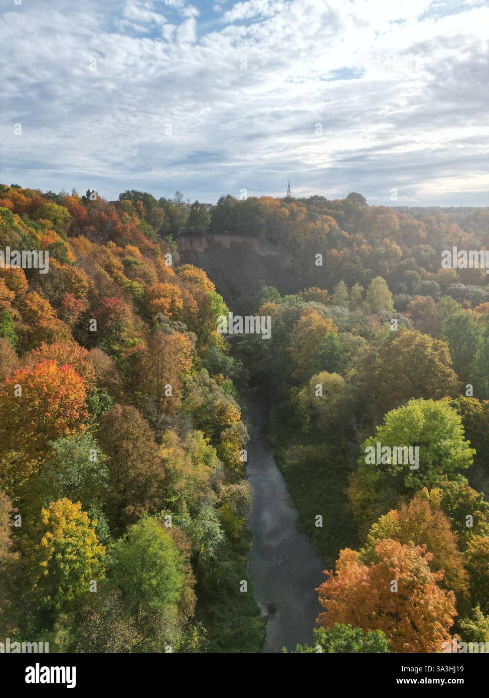 Aerial view of a colorful autumn forest and a winding river Stock Photo - Alamy