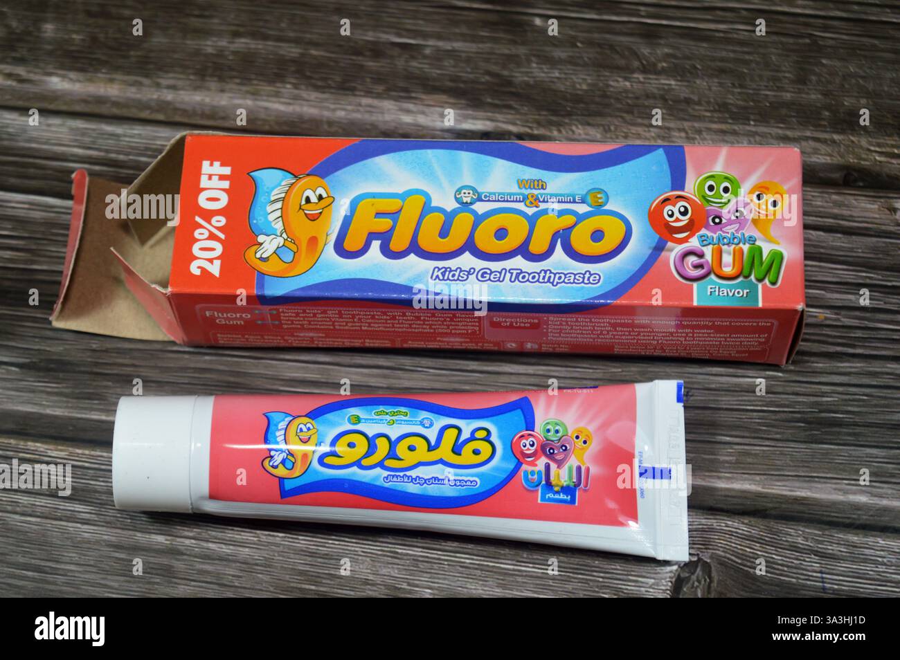 Cairo, Egypt, February 5 2025: Fluoro Kids' gel toothpaste with bubble gum flavor, Calcium and ...