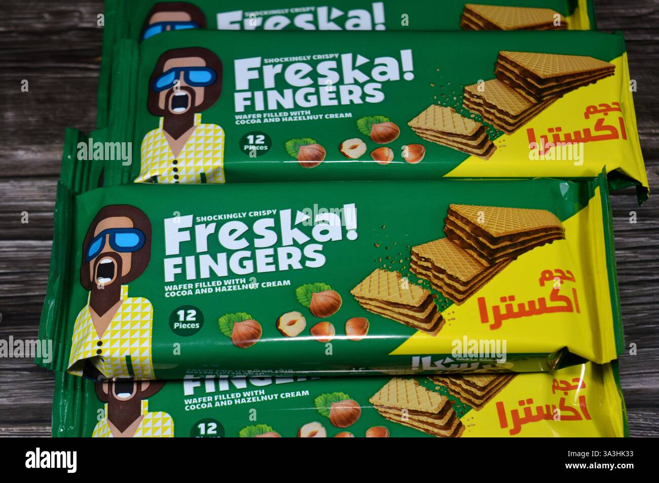 Cairo, Egypt, February 5 2025: shockingly crispy Freska fingers, wafer ...