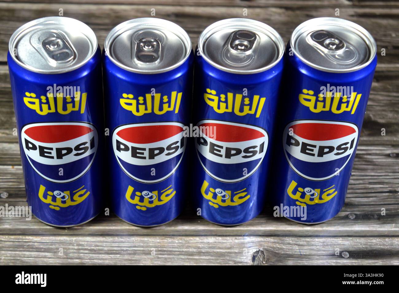 Cairo, Egypt, February 8 2025: Pepsi on a wood background, Cola flavor ...