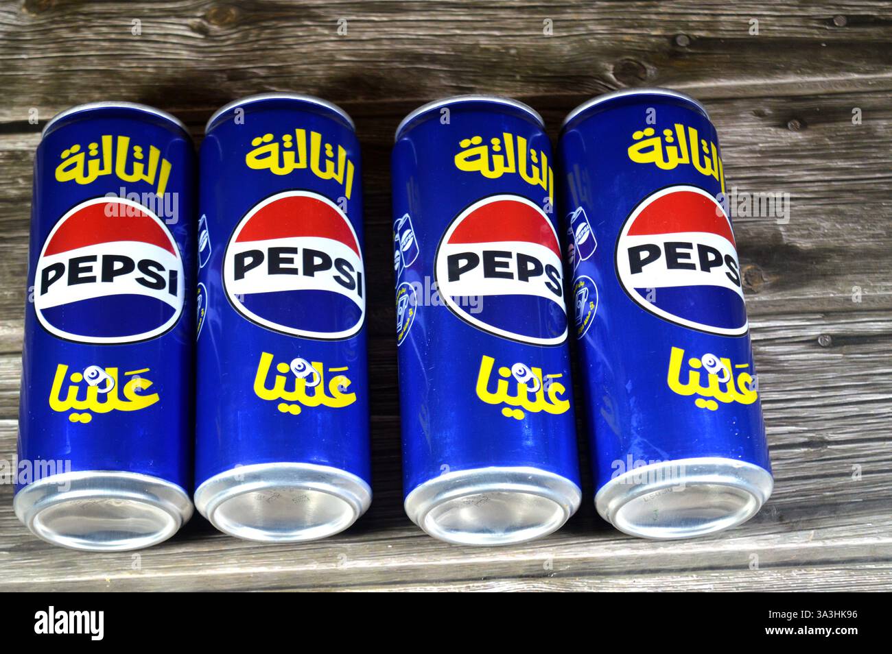 Cairo, Egypt, February 8 2025: Pepsi on a wood background, Cola flavor ...