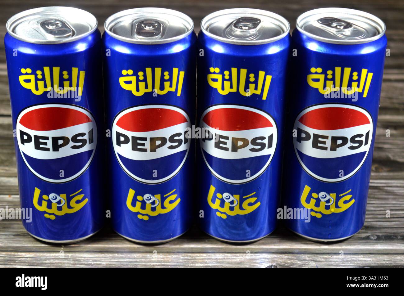 Cairo, Egypt, February 8 2025: Pepsi on a wood background, Cola flavor ...