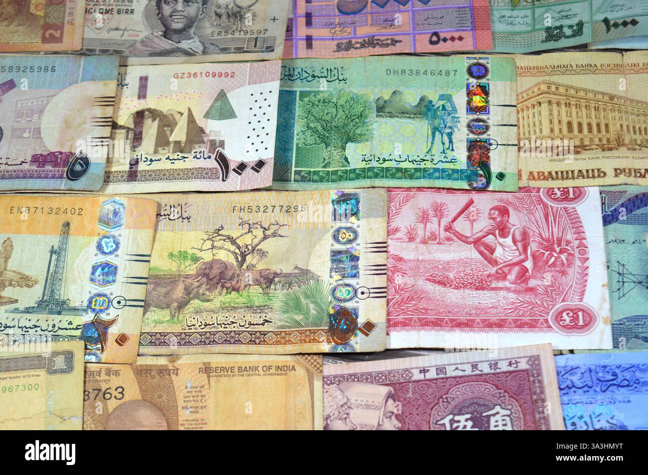 Background of various banknotes from different countries like Iraqi ...