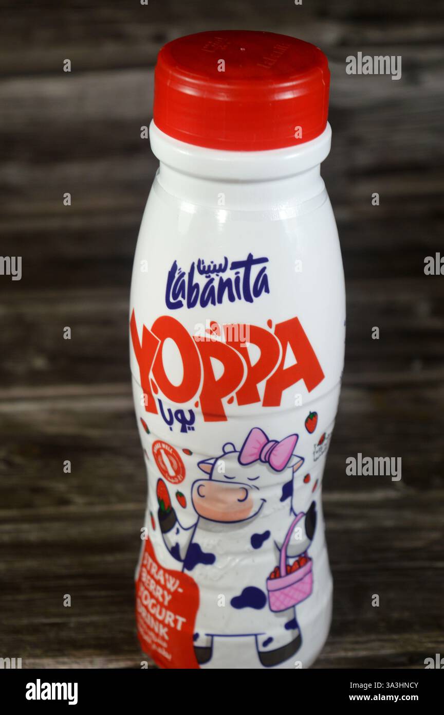 Cairo, Egypt, March 5 2025: Strawberry Labanita YOPPA, Yogurt drink with strawberry taste ...