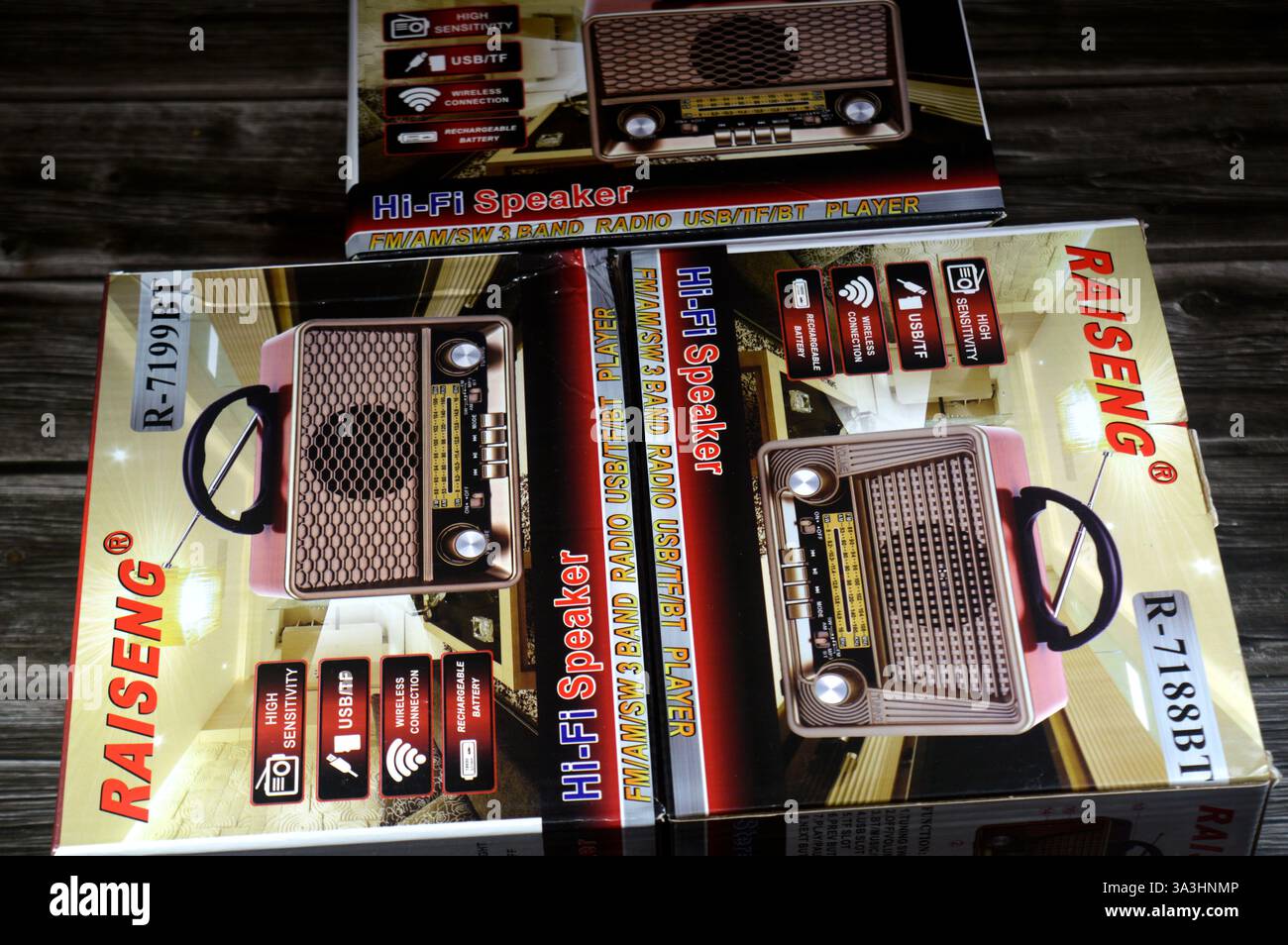 Cairo, Egypt, February 3 2025: RAISENG Hi-Fi speaker, FM AM SW 3 band ...