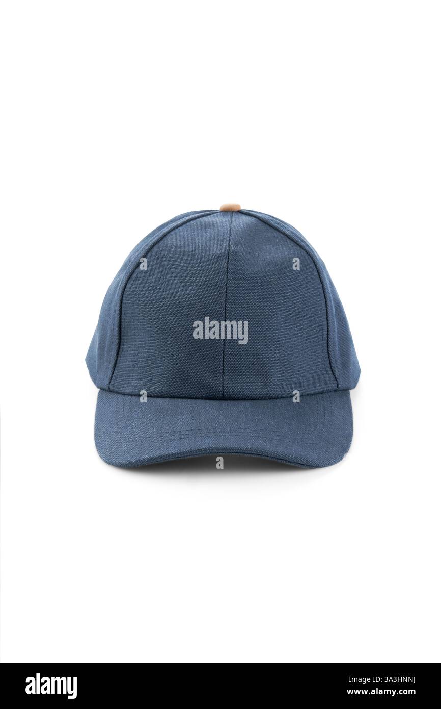 Blue textile baseball cap with a brown button, front view, on white ...