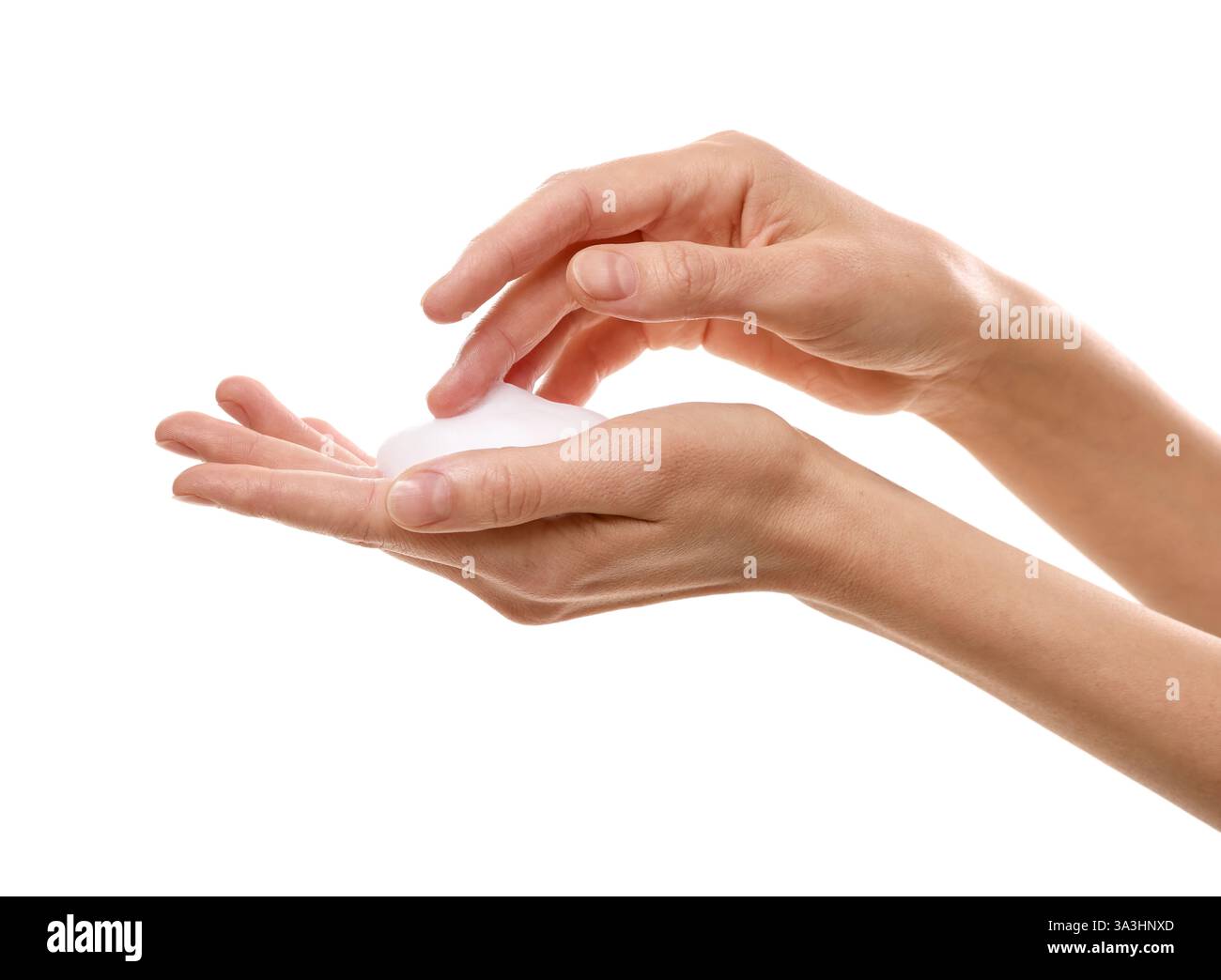 Woman washing hands with foaming soap on white background, closeup ...