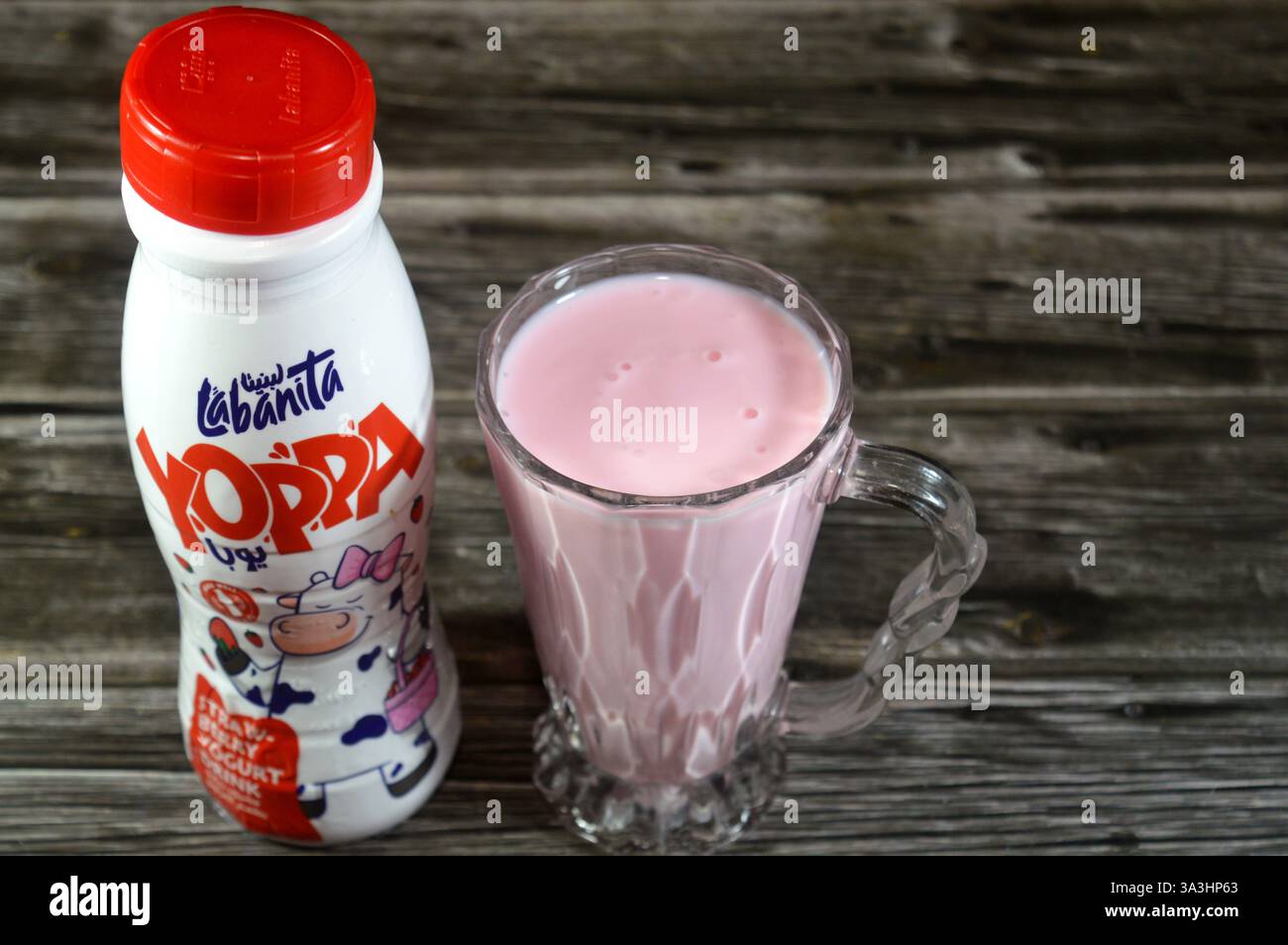 Cairo, Egypt, March 10 2025: Strawberry Labanita YOPPA, Yogurt drink ...